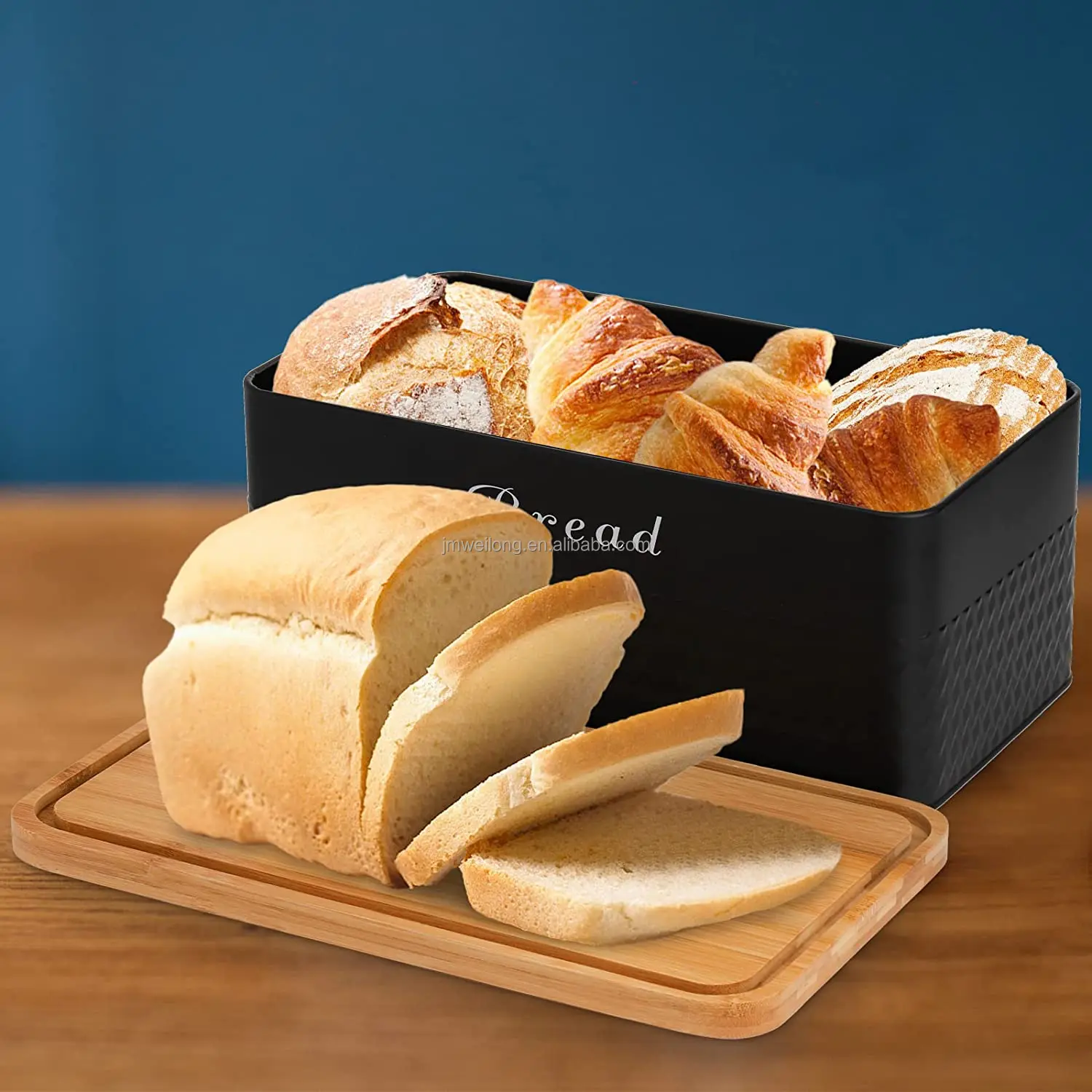 Modern Metal Bread Box With Bamboo Lid Storage Container Holder Space ...