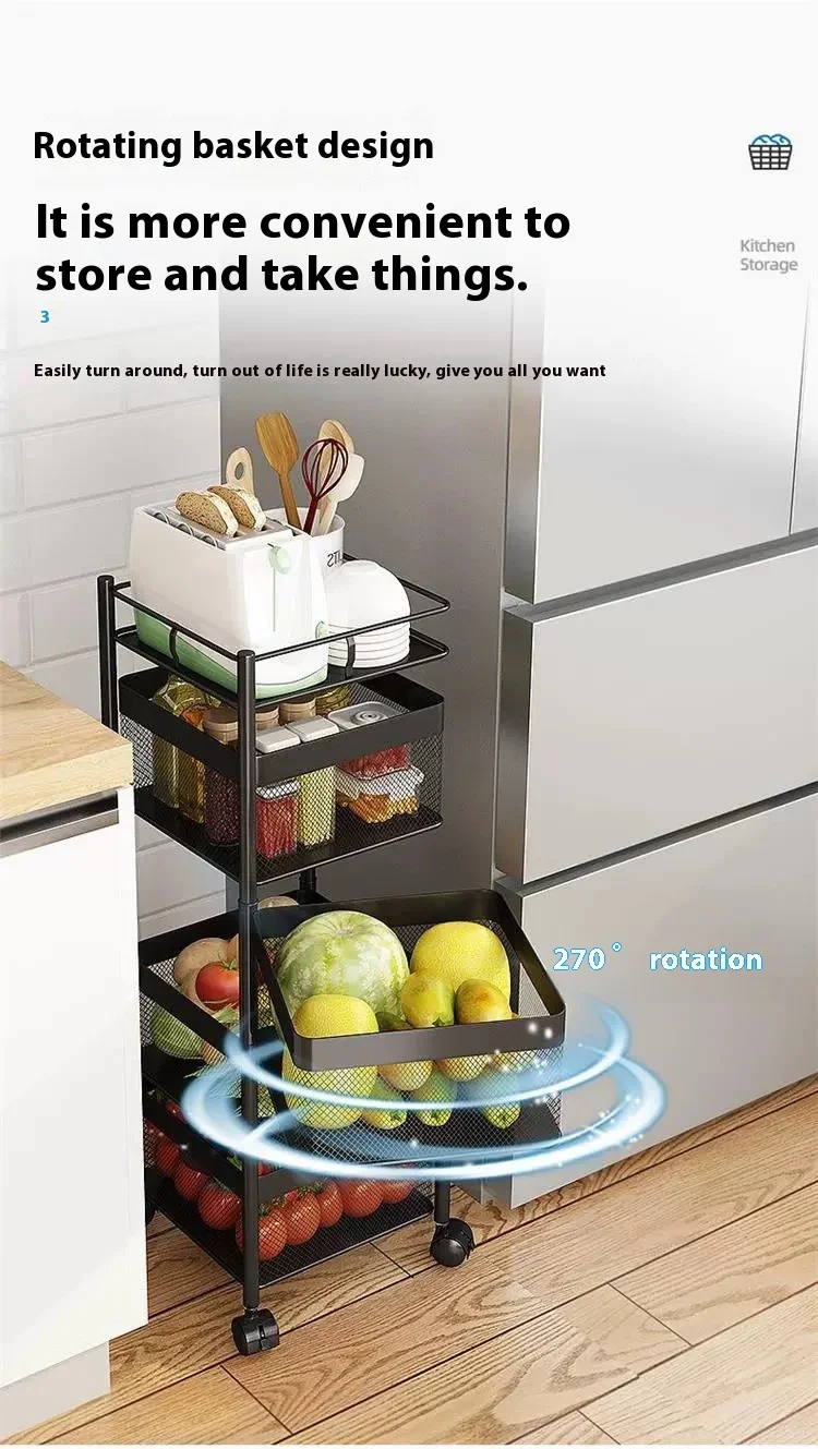 Metal Trolley Cart with Multilayer Rotating Vegetable Baskets