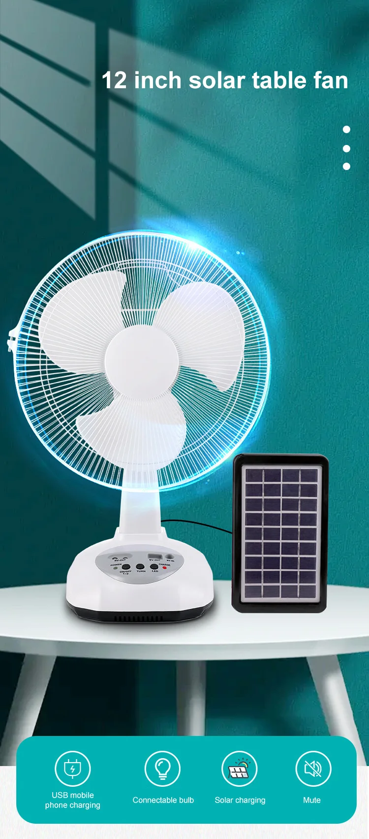 12inch Portable Solar Rechargeable Ventilation Fan With Solar Panel And ...