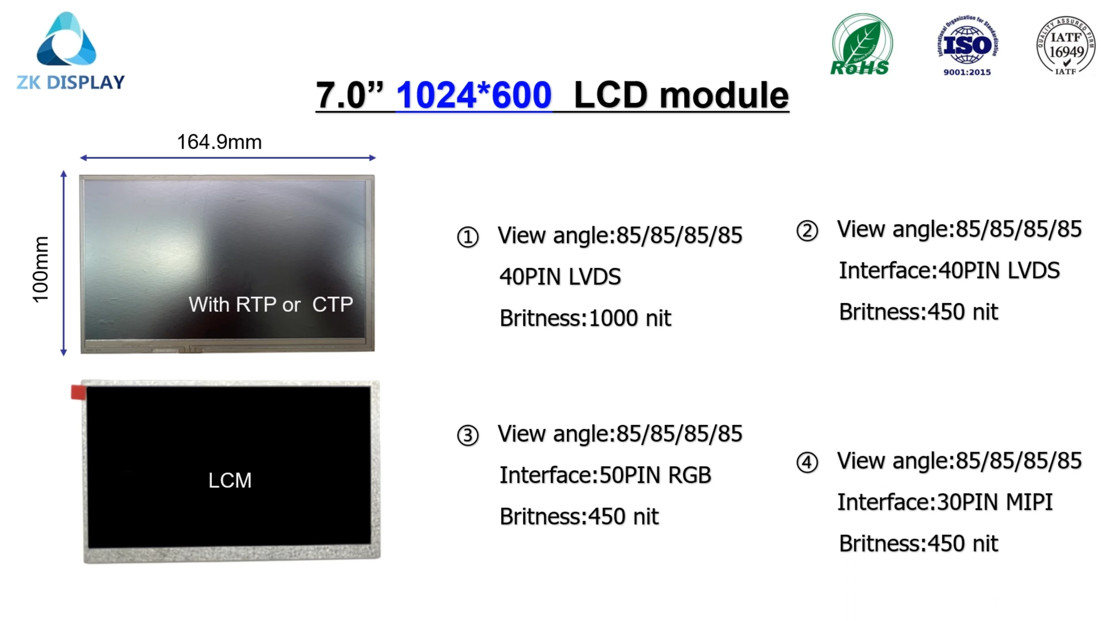 Zkdisplay Lcd Module 7 Inch 1024*600 Ips Ttl Rgb/lvds/mipi Interface ...