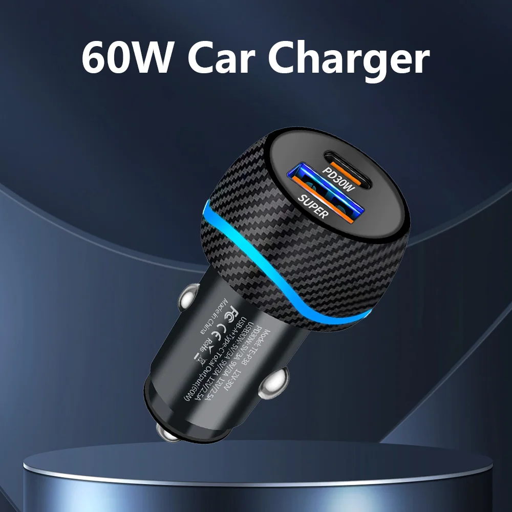 60W PD30W USB C Super Fast Car Charger Type C Car Fast Charging PD/PPS&QC Cigarette Lighter ...