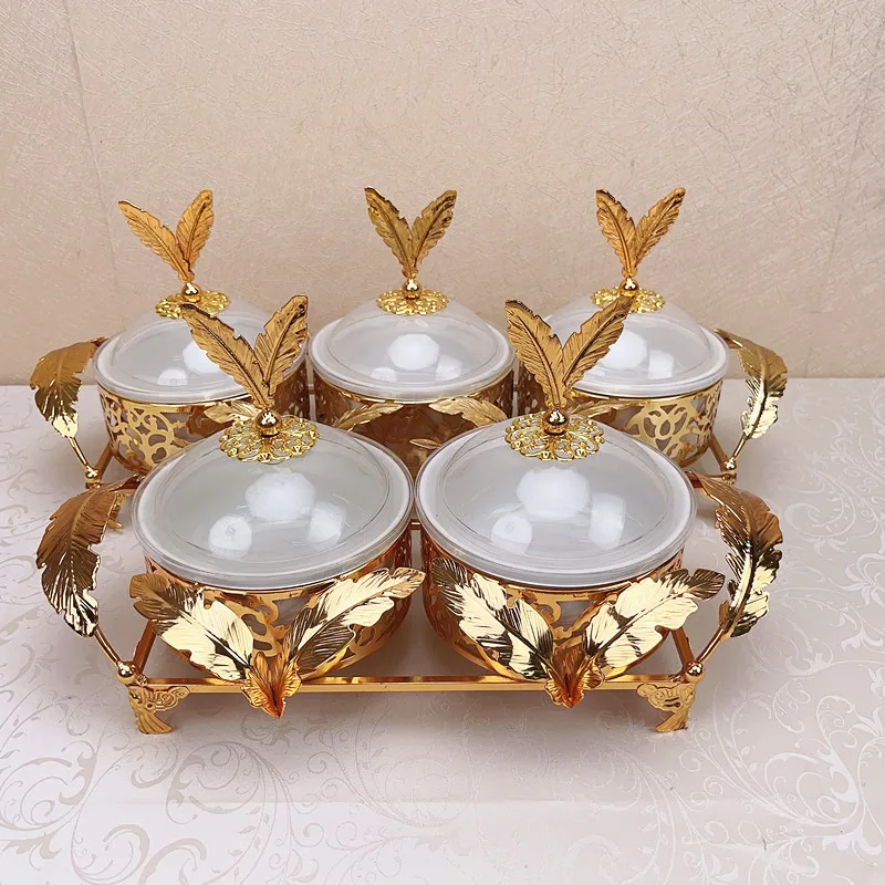 Arabic Style Golden Metal Tray 3 Pieces Ceramic Bowls Tray Set Serving ...