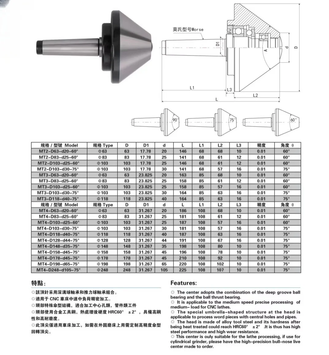 CNC Lathe Machine Live Center Morse Taper Live Center MT2 MT3 MT4 MT5 ...