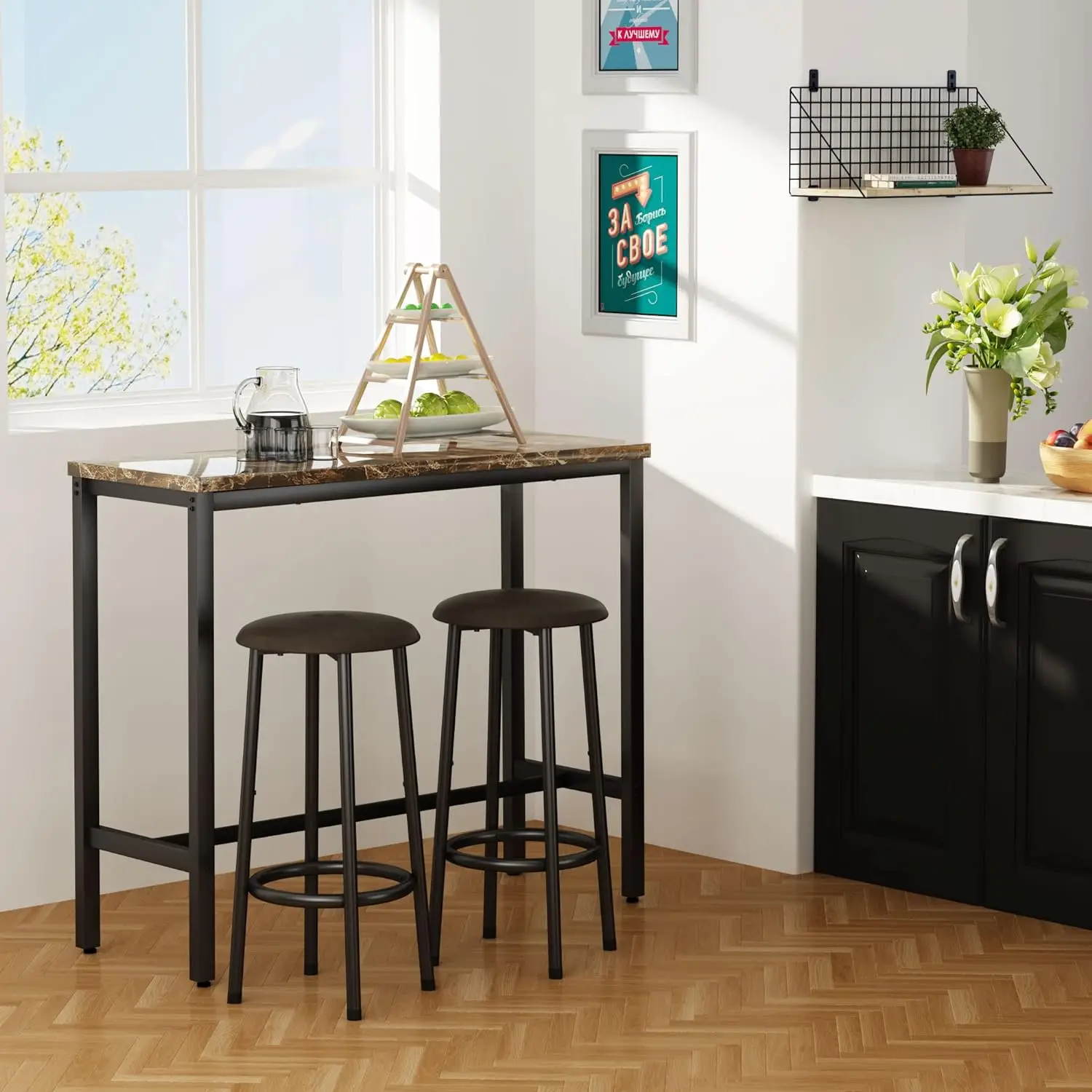 Modern Pub Counter Height Table And Stool Faux Marble Top And Leather ...