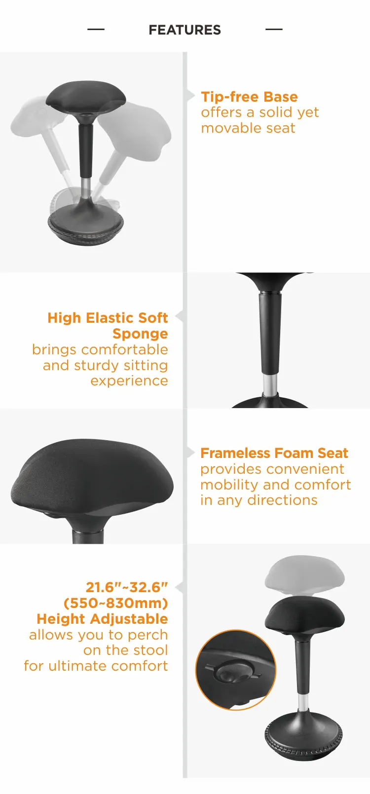 Height Adjustable Wobble Leaning Sit Stand Stool Chair