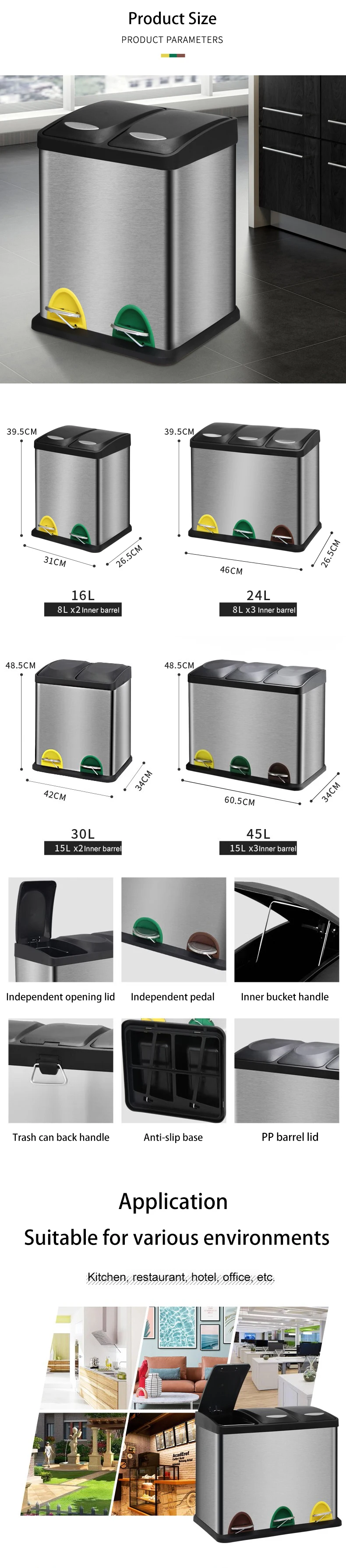 2 And 3 Compartments Classified Stainless Steel Trash Can 30l 45l Large ...