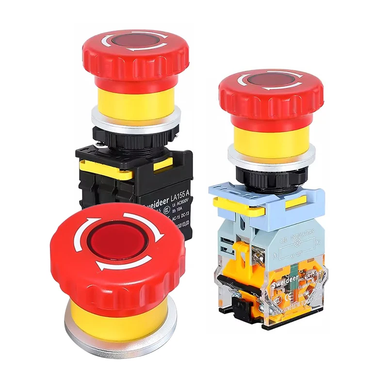 30mm self-locking mushroom head emergency stop button switch with Light rotary reset momentary ...