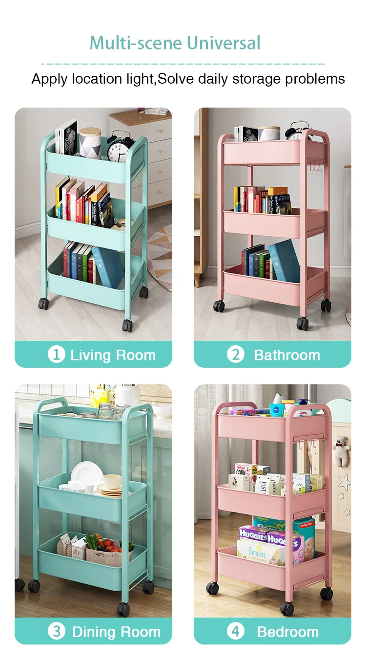 Rolling Utility Laundry Garden Kitchen Book Metal Storage 3-layer ...