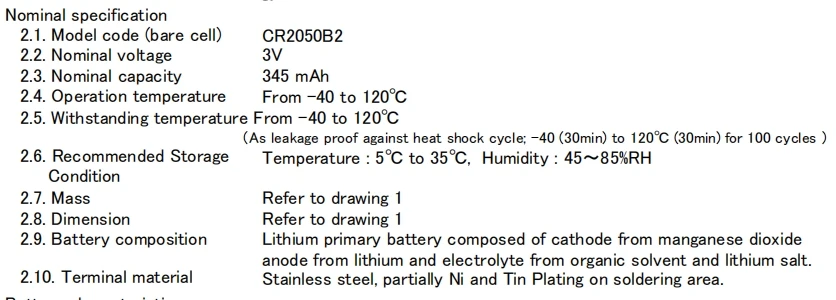 CR2050B2FCN Japan Lithium Battery 3V for TPMS - 1 Year Warranty