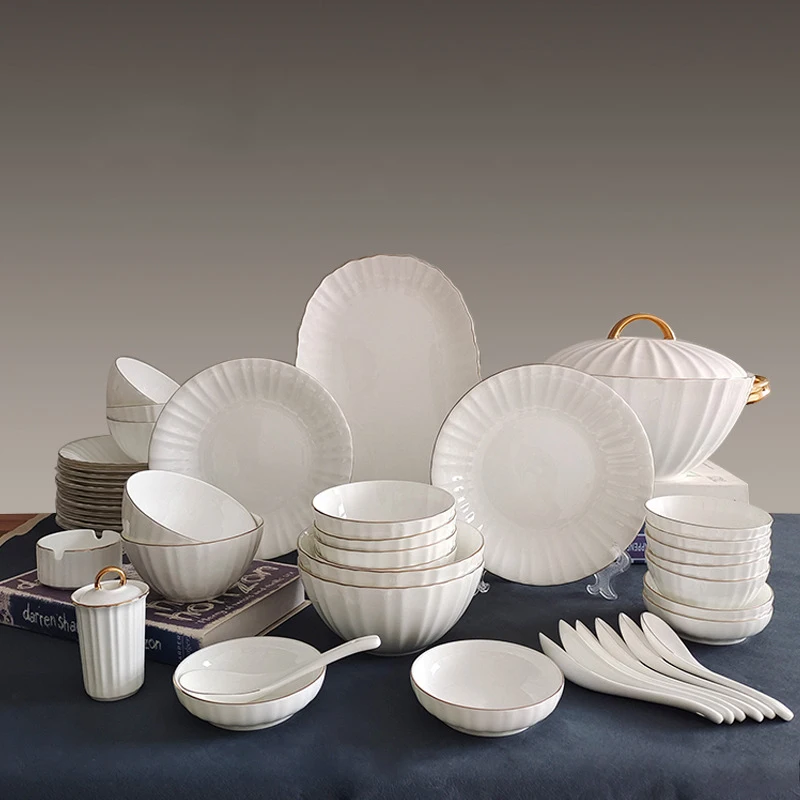 Luxury 50 Pcs Fine Bone China Dinnerware Set - White Plates, Bowls ...