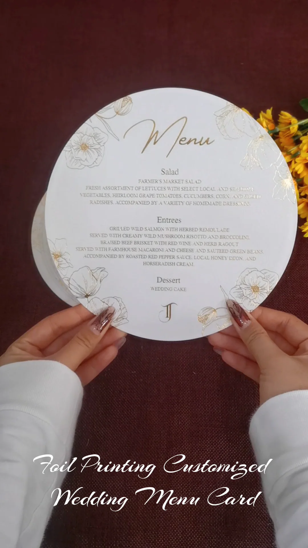 Personalized Logo Gold Foil Text All White Round Paper Elegant Menu ...