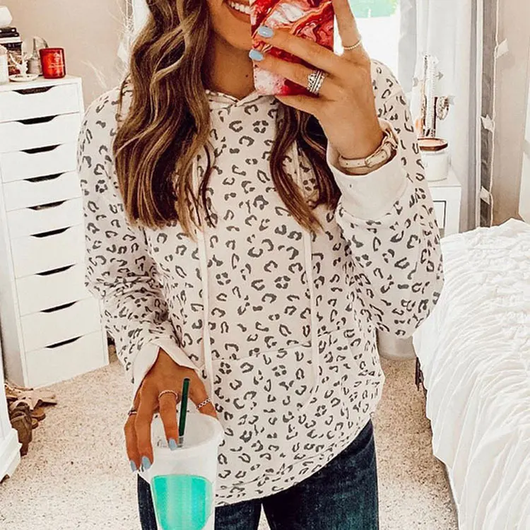Autumn And Winter Casual White Drawstring Leopard Print Women Pullover ...