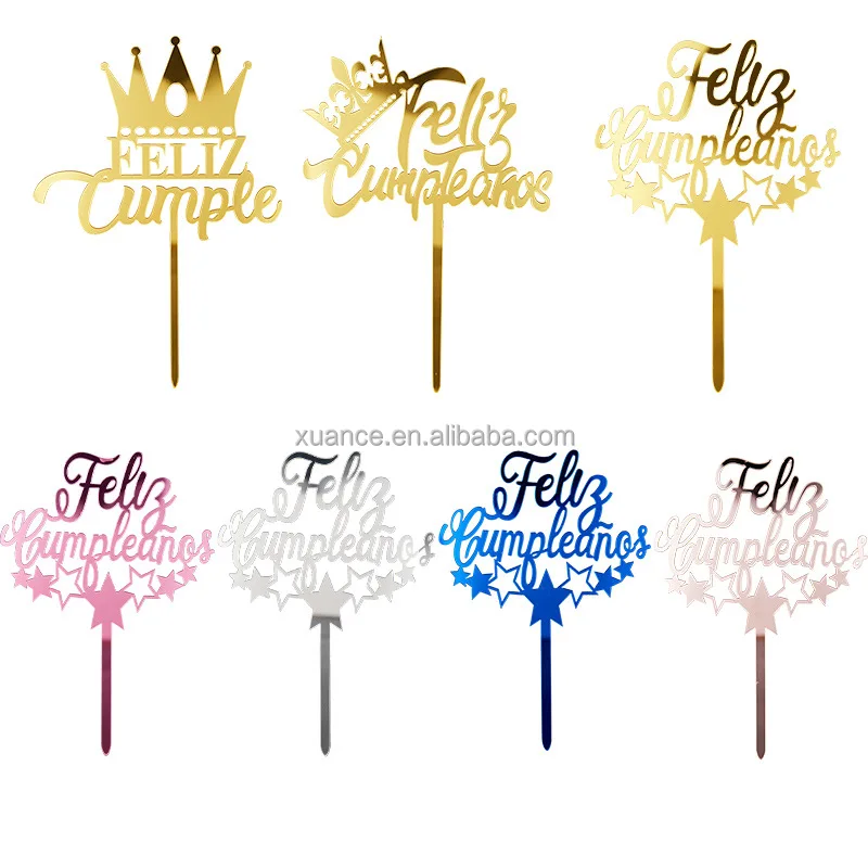 Spanish Feliz Cumpleanos Gold Cake Toppers for Kids Birthday Party ...