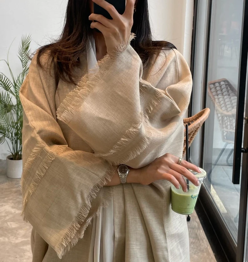 2024 the Linen Fabric Designs Wholesale Linen Muslim Tassels Open Abaya ...