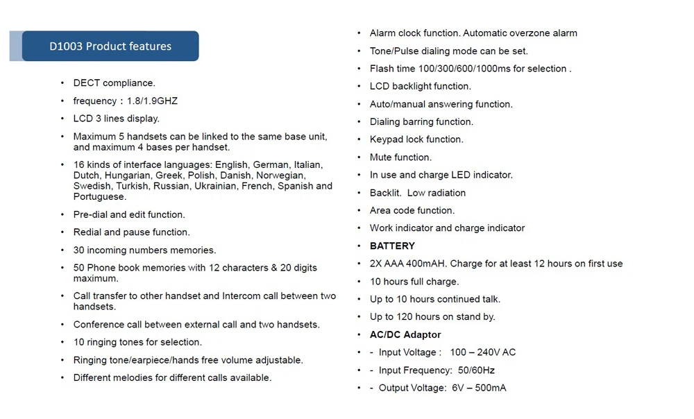 Custom Handheld Handset Dect 6.0 Telephone With Fixed Base Unit Rj11 ...