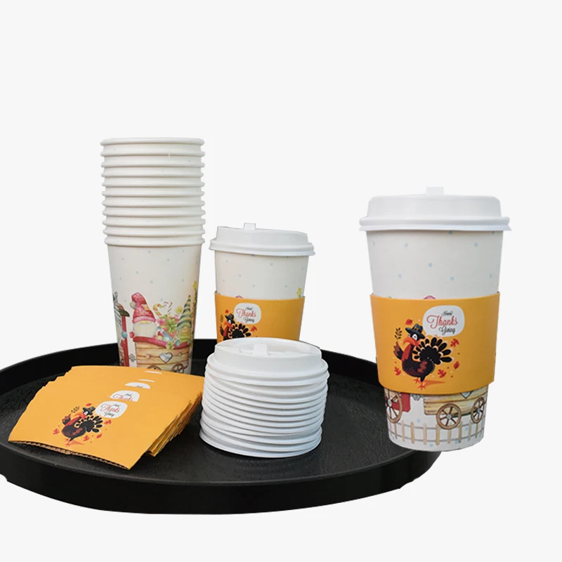 Thanksgiving Biodegradable Disposable Paper Cup Set With Lid Corrugated ...