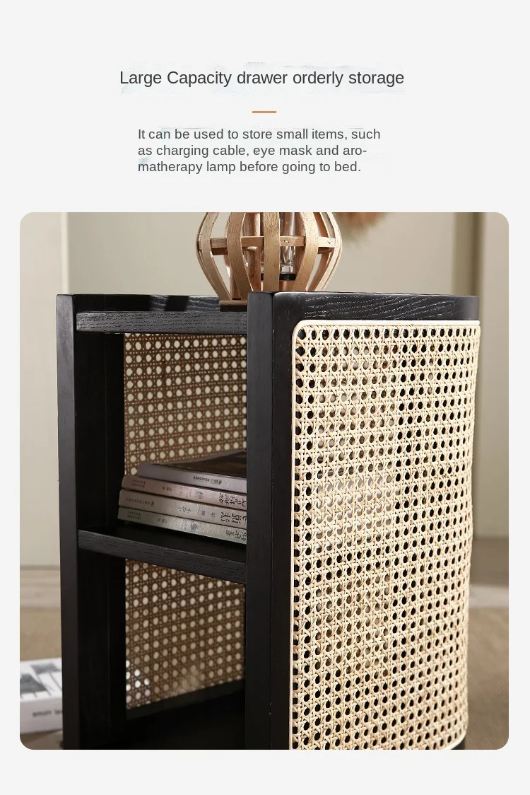 Japanese Style Solid Wood Rattan Bedside Table and Side Cabinet Locker