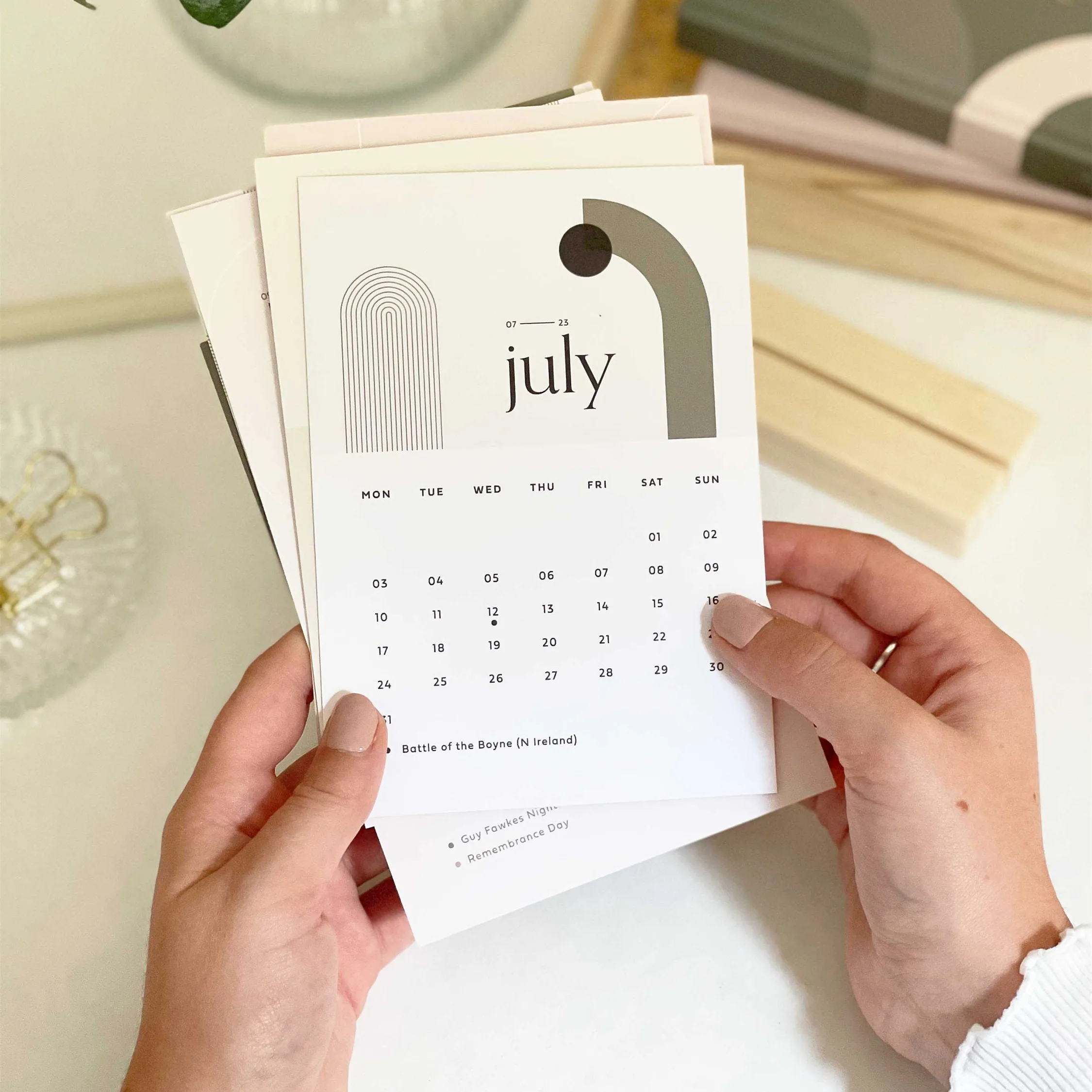 Desk Table Calendar Card with Wooden Stand - 2023/24