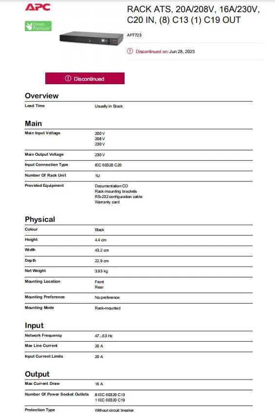 Netshelter Rack Automatic Transfer Switch Rack Ats 20a/208v 16a/230v ...