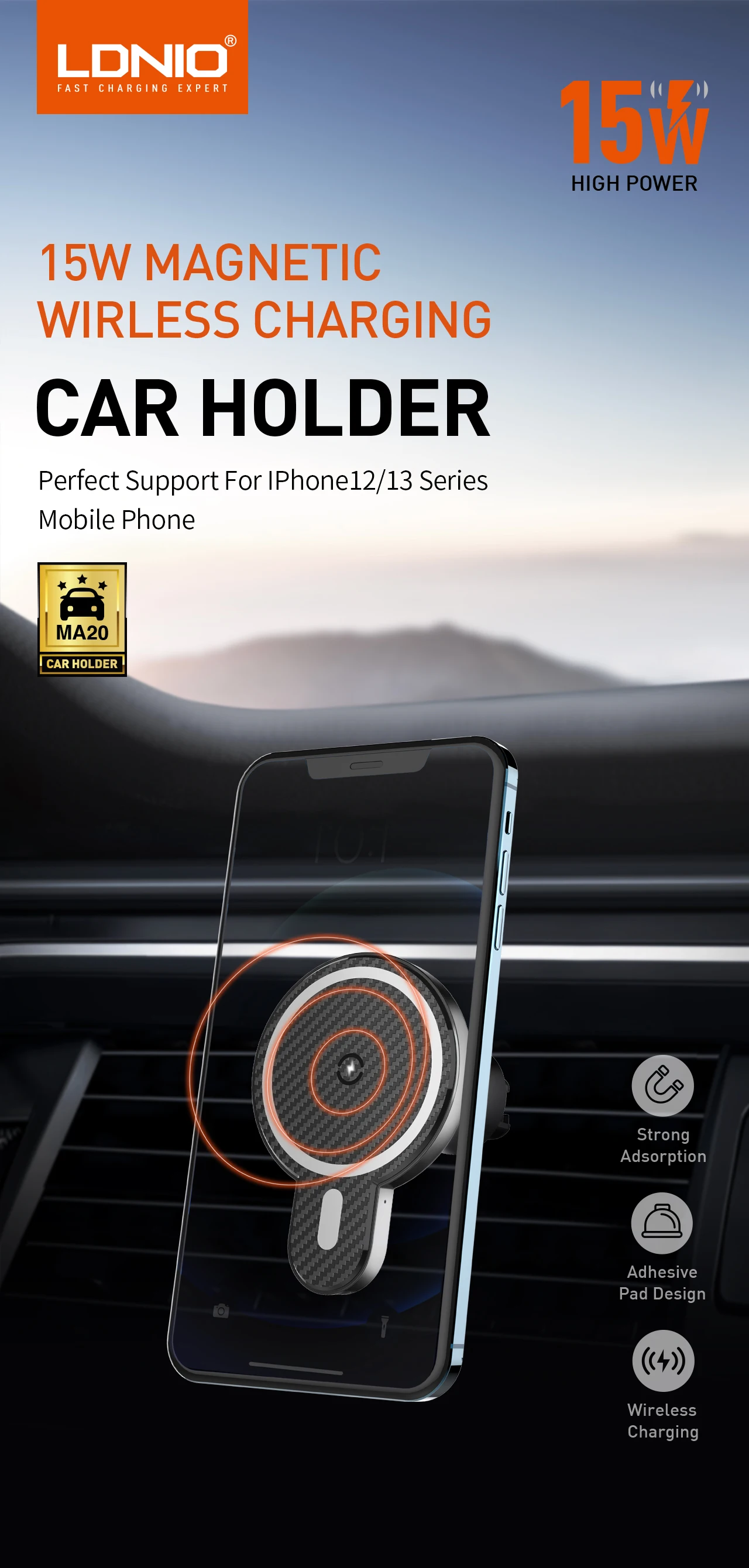 LDNIO MA20 15W Wireless Charging Car Phone Holder for Iphone12/13