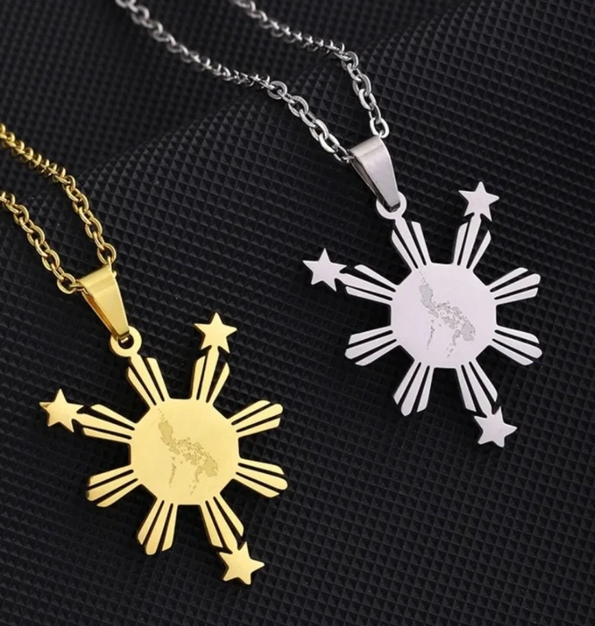 Philippines Jewelry - Filipino Map Golden & Silver Sun Pendant Necklace