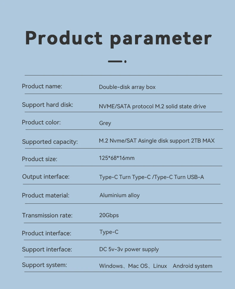 Enclosure SSD M.2 NVME/SATA USB 3.2 20gbps Type-C Dual Array