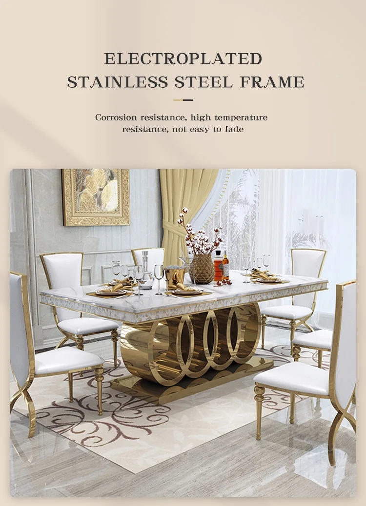 Contemporary Stainless Steel Gold Leg Metal Base Marble Slate Dining ...