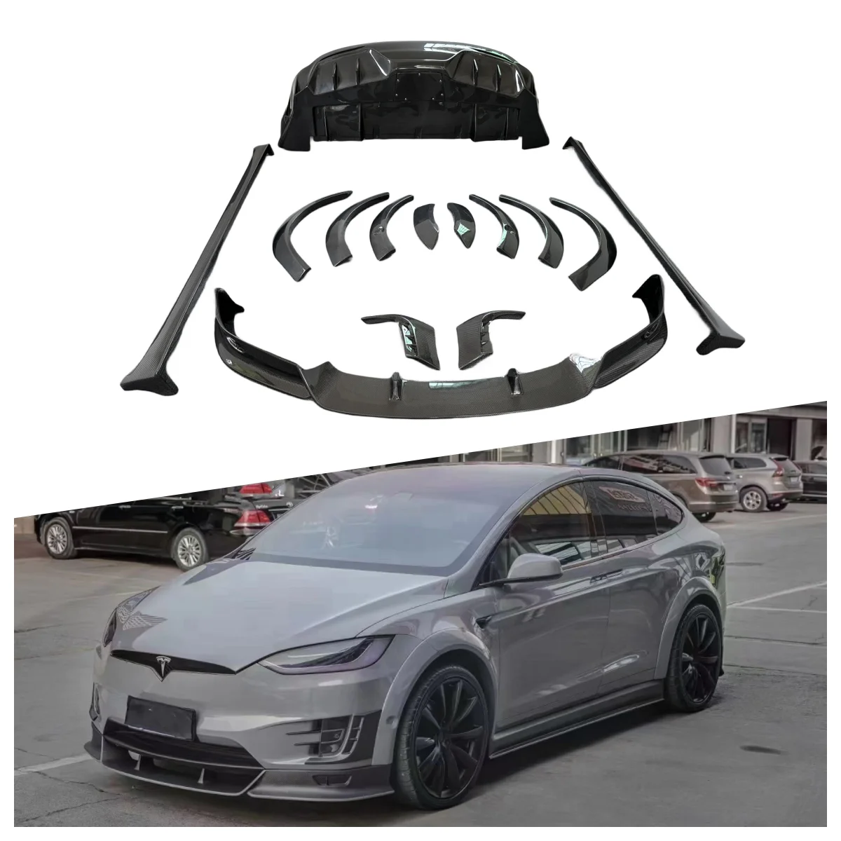 Carbon Fiber Model X Body Kit Front Lip Splitter Rear Diffuser Wide ...