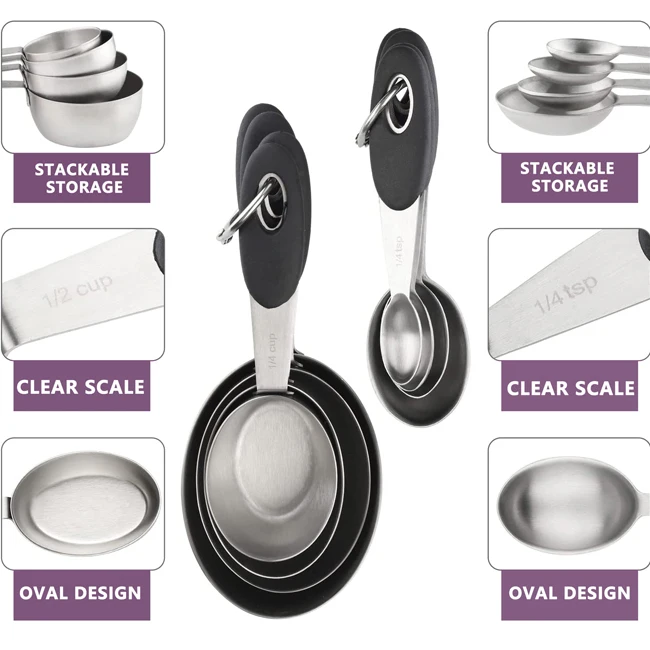 8pcs Premium Stainless Steel Oval Shape Measuring Spoons Cups Set With ...