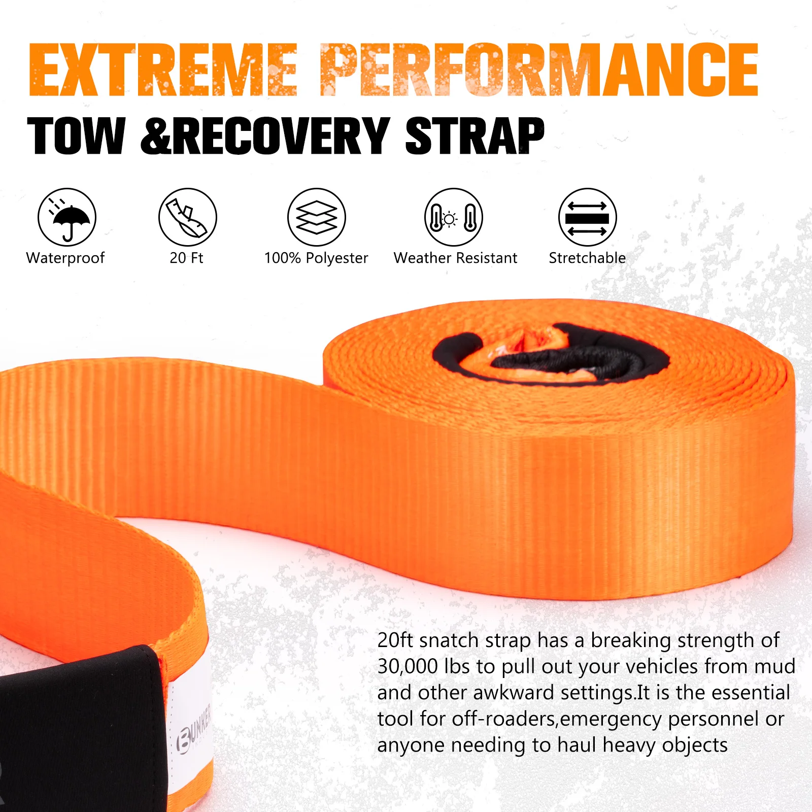 Bunker Indust 6m Heavy Duty Recovery Tow Strap 20ft 30000 Lbs Recovery ...