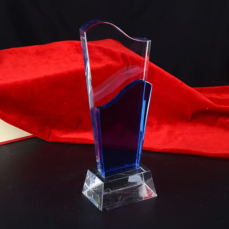 Blue unique customized team crystal trophy awards champion crystal ...