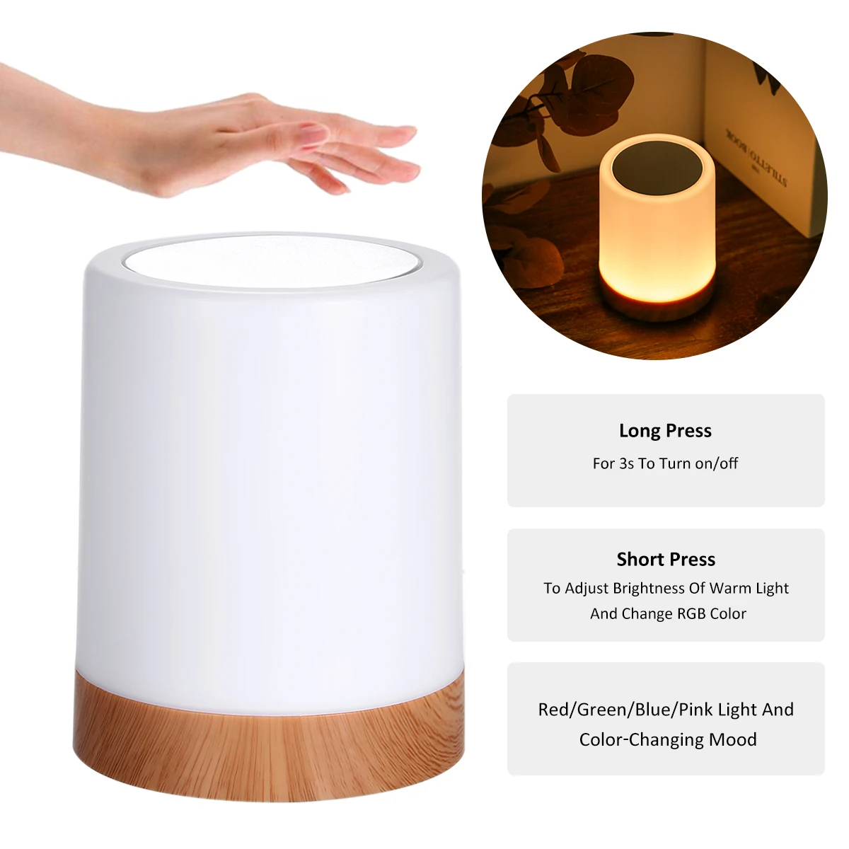Imitation Solid Wood Table Lamp Touch Sensor Bedside Lamp Color Change ...