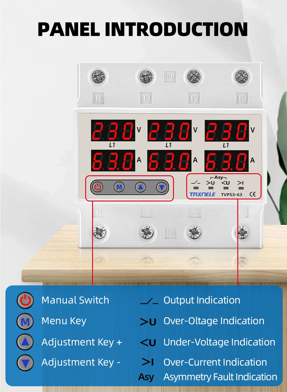 3 Phase Digital Voltage Current Relay Protector 63A 60A