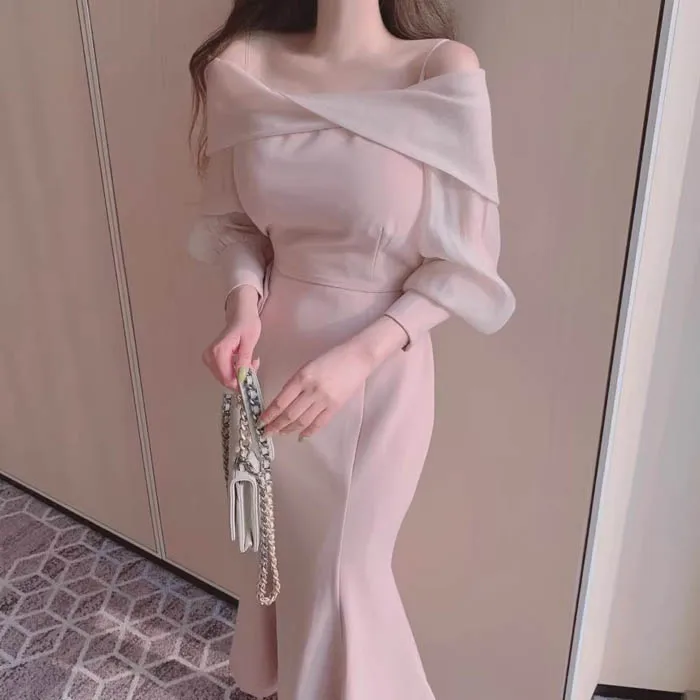 L662 New 2024 Korean Stylish Solid Color Slash Neck Long Sleeve Slim Waist Elegant Dress Women ...