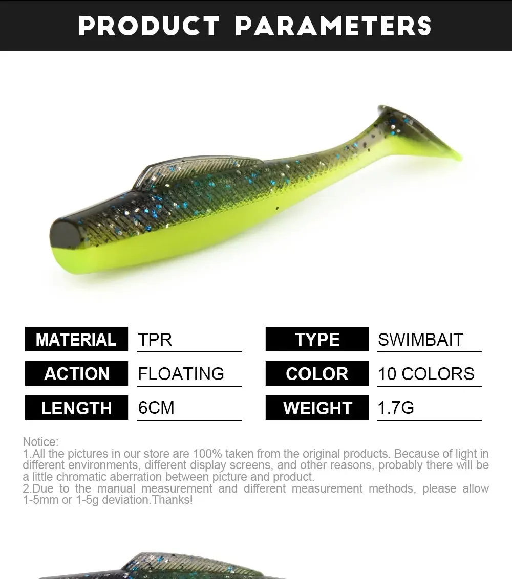 Spinpole TPR Swim Bait Double Color T Tail Worm Fishing Bait Shad Lure ...