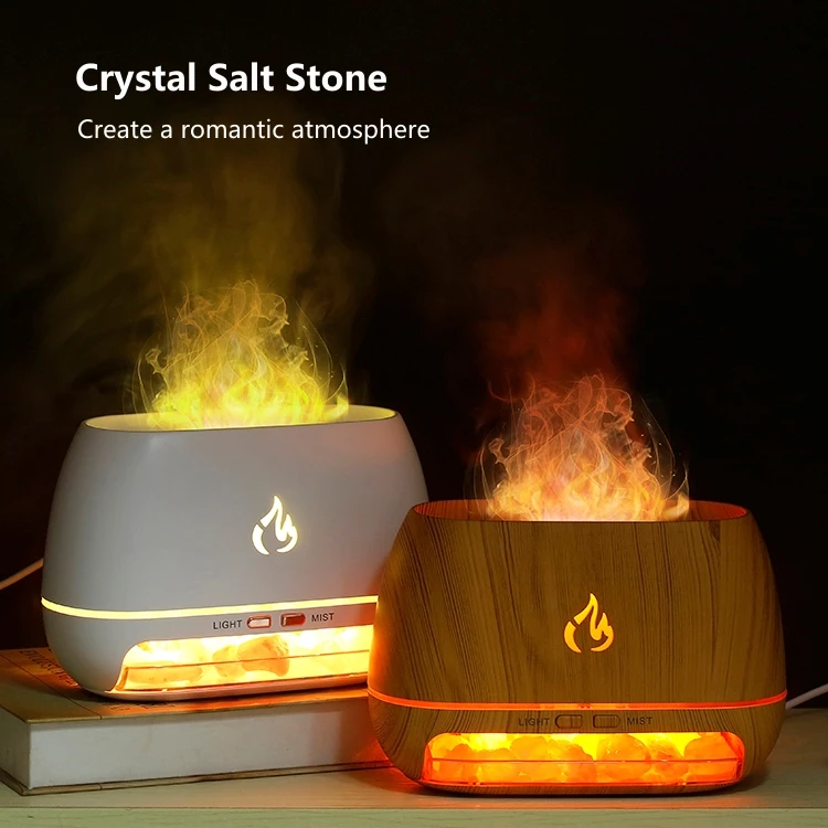 Wood Grain Himalayan Crystal Salt Stone Aroma Humidifiers 3D Flame Fire ...