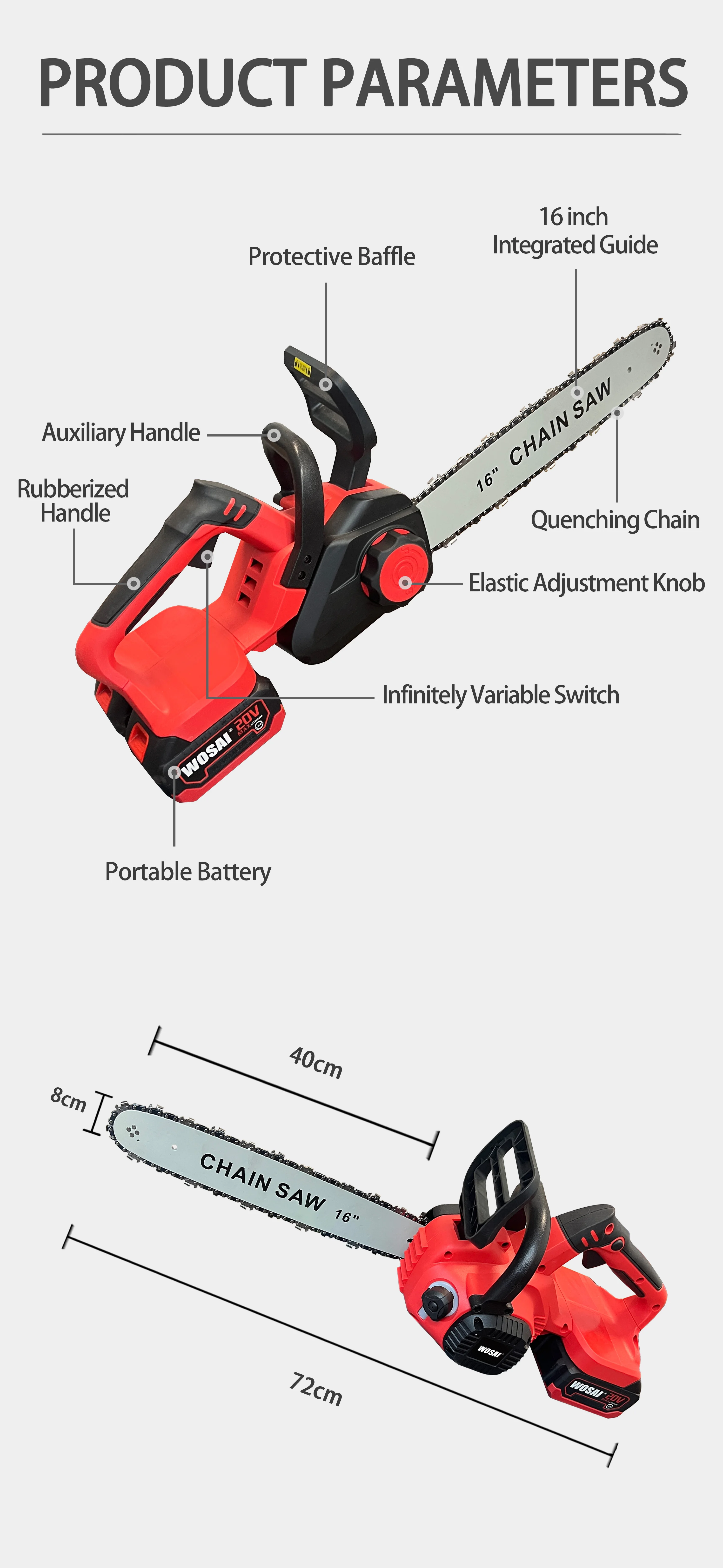 WOSAI Electric Brushless Chain Saw - 16 Inch Battery Operated