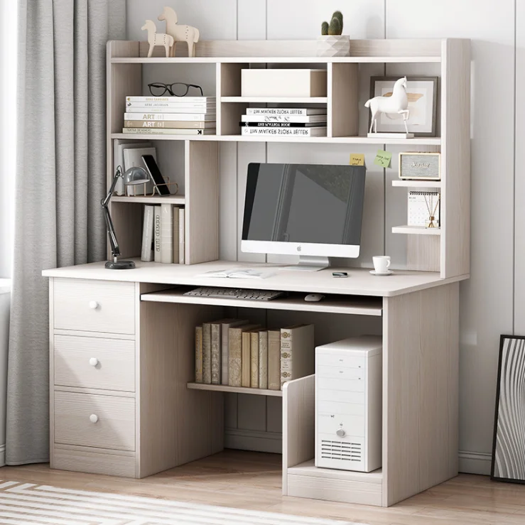 Small Computer Table Wood Desktop Bookshelf Integrated Office Wooden ...