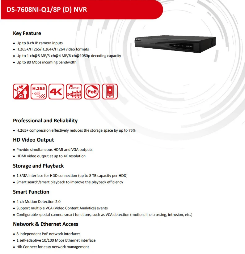 HIK NVR PoE DVR 4CH 4K 8MP DS-7604NI-Q1/4P H.265 Network Video Camera ...