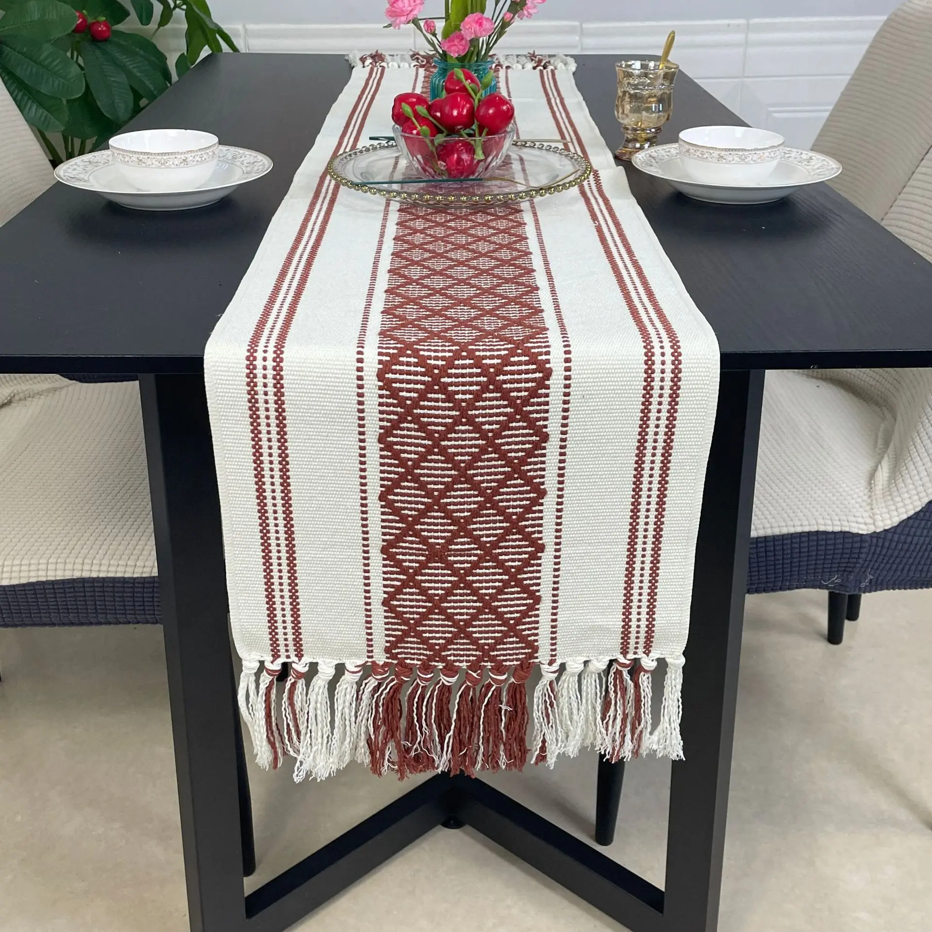 Beige White Texture Table Runner with Tassel Trimmed Table Decor for ...