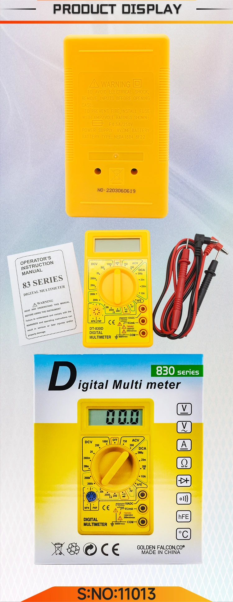 DT830D Multifunction Digital Multimeter - AC/DC Electrical Tester