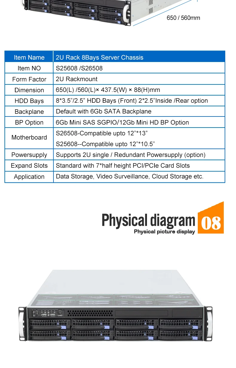 Superior Tooless Hdd 8trays 2u 560mm Depth Storage Server Chassis ...