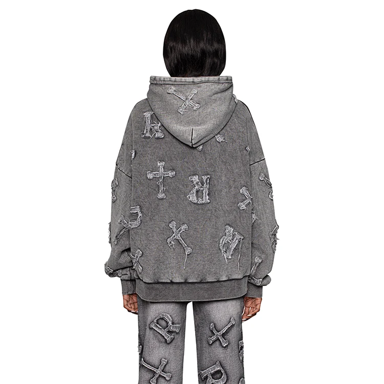 Teamwin Streetwear Hoodie Acid Washed Custom Distressed Denim Letter ...