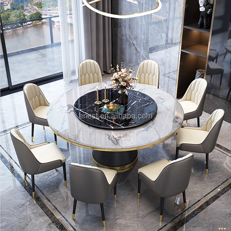 Luxury Round Marble Top Dining Table & Leather Chair Set
