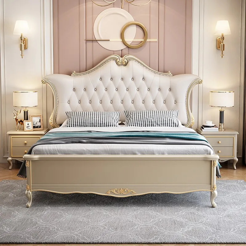 European Style Bed Master Bedroom Leather French Luxury Solid Wood Bed ...