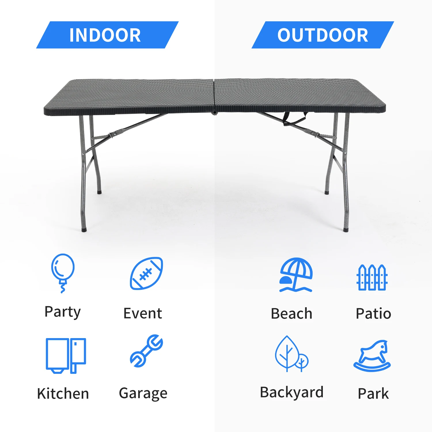 ALINUNU 6 Feet Black Folding Table, Outdoor Portable Folding Table with ...