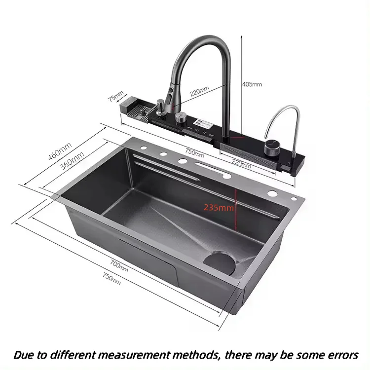 Smart 304 Stainless Steel Black LED Waterfall Kitchen Sink