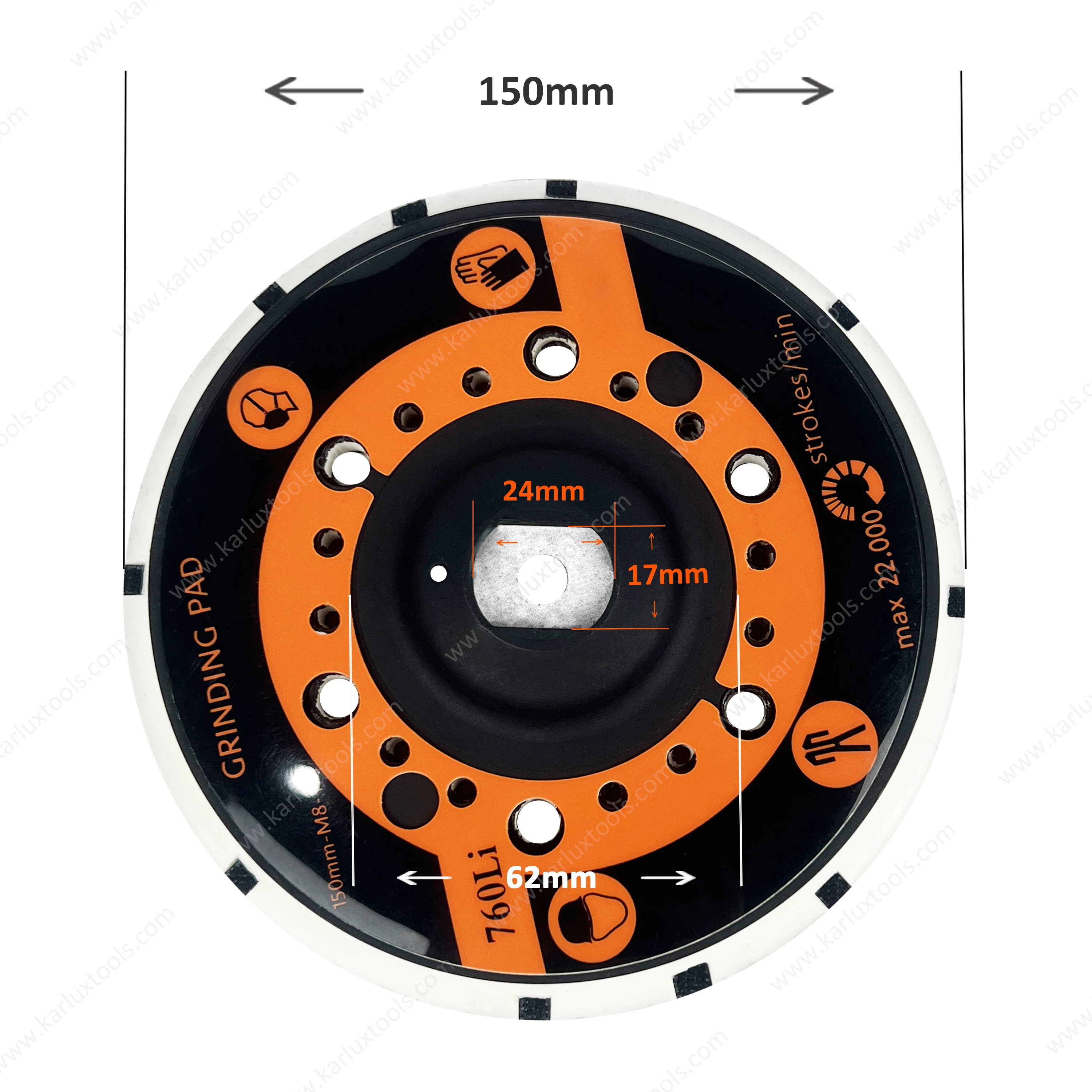 6 Inch 44 Holes Hook Loop Backing Plate M8 Thread Dust Free Backing Pad ...