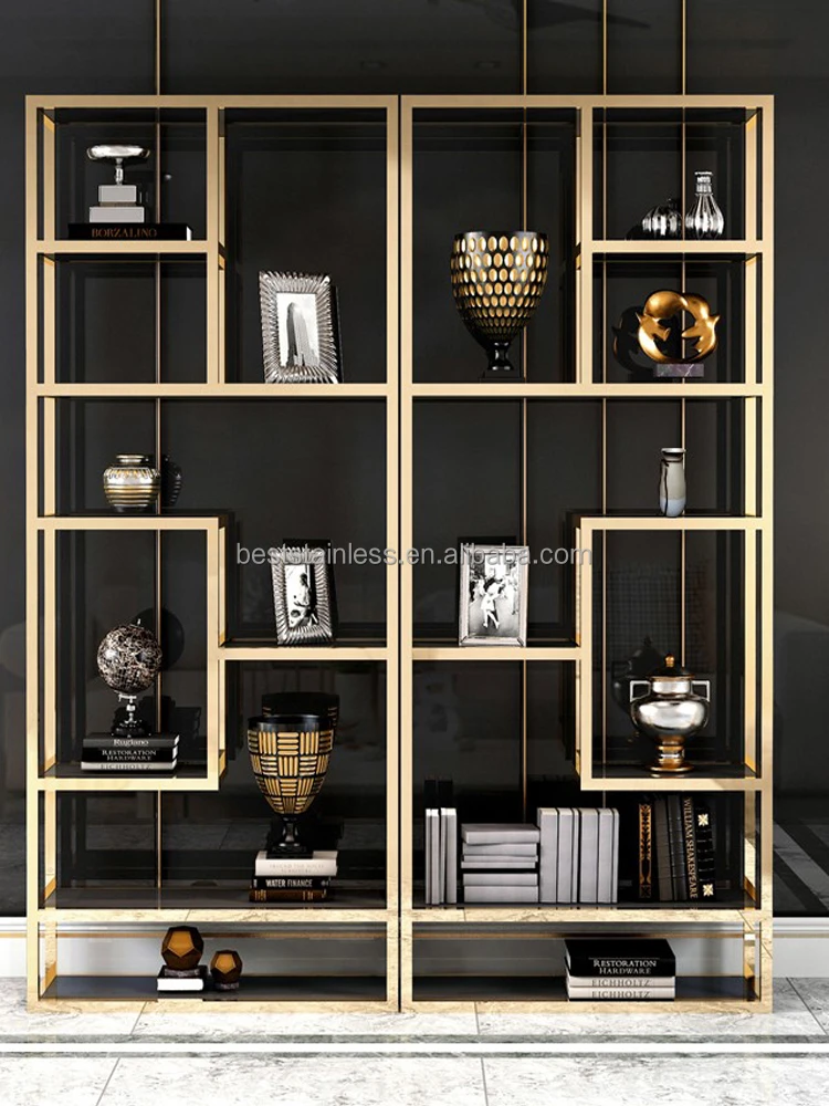 Storage Glass Rack Shelf Gold Stainless Steel Display Glass Modern ...