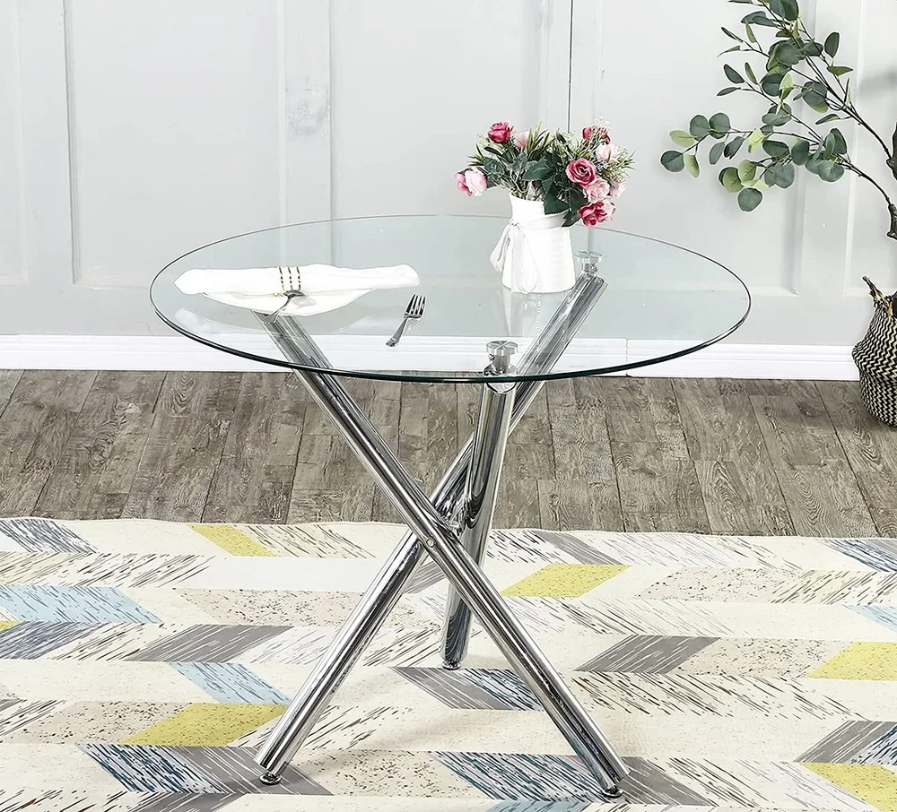 Modern Round Tempered Glass Top Kitchen Dining Table with 3 Chrome Legs ...
